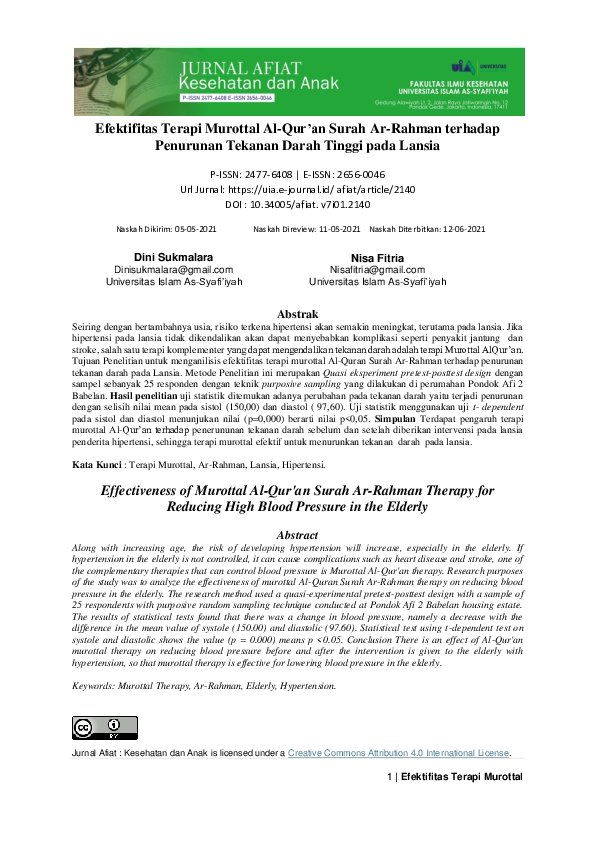 (PDF) Efektifitas Terapi Murottal Al-Qur’an Surah Ar-Rahman terhadap Penurunan Tekanan Darah ...