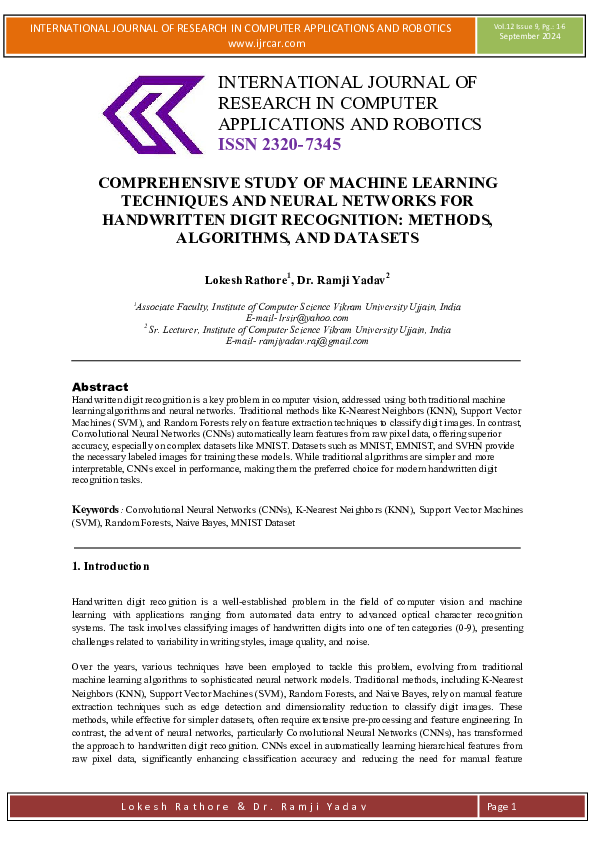 (PDF) COMPREHENSIVE STUDY OF MACHINE LEARNING TECHNIQUES AND NEURAL NETWORKS FOR HANDWRITTEN ...