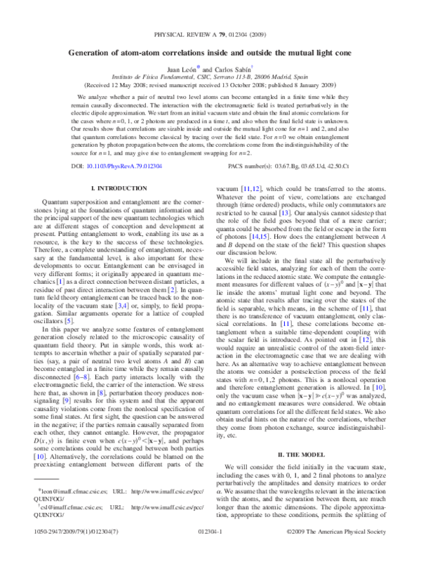 Pdf Generation Of Atom Atom Correlations Inside And Outside The Mutual Light Cone Juan Leon