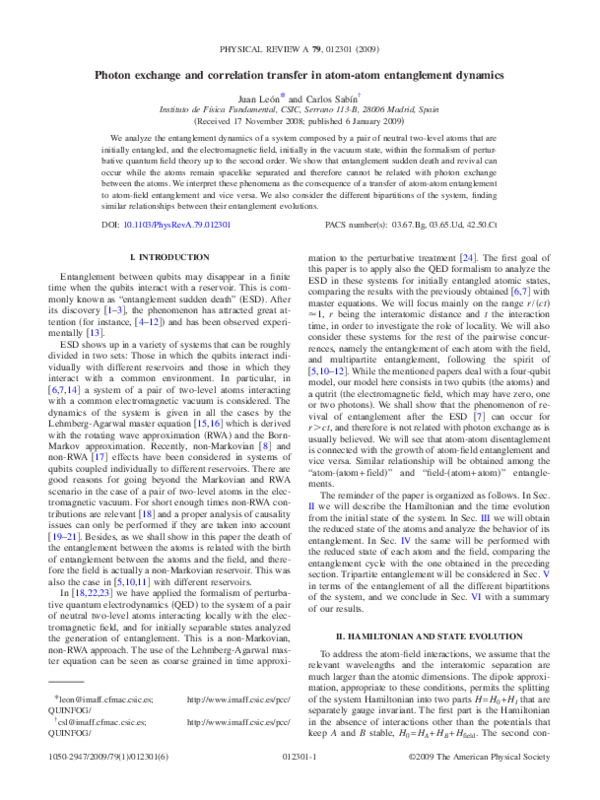 (PDF) Photon exchange and correlation transfer in atom-atom entanglement dynamics