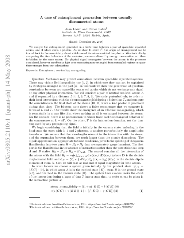 (PDF) A Case of Entanglement Generation Between Causally Disconnected Atoms