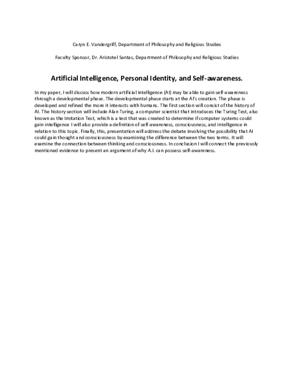 (PDF) Artificial Intelligence, Personal Identity, and Self-awareness