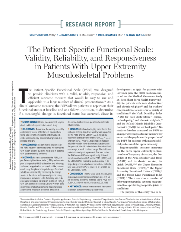 (PDF) The patient-specific functional scale: validity, reliability, and ...