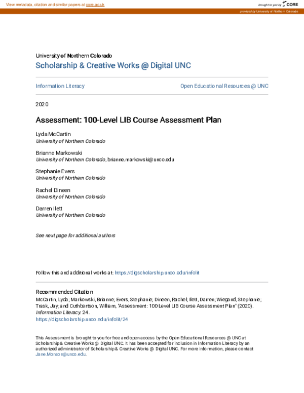 (PDF) Assessment: 100-Level LIB Course Assessment Plan