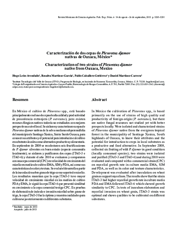 (PDF) Caracterización de dos cepas de Pleurotus djamor nativas de ...
