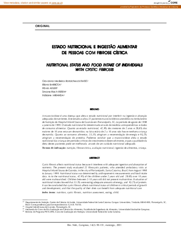 (PDF) Nutritional status and food intake of individuals with cystic ...