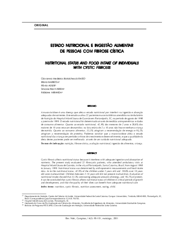 (PDF) Estado nutricional e ingestão alimentar de pessoas com fibrose ...