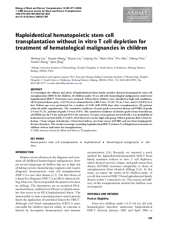 (PDF) Haploidentical hematopoietic stem cell transplantation without in ...