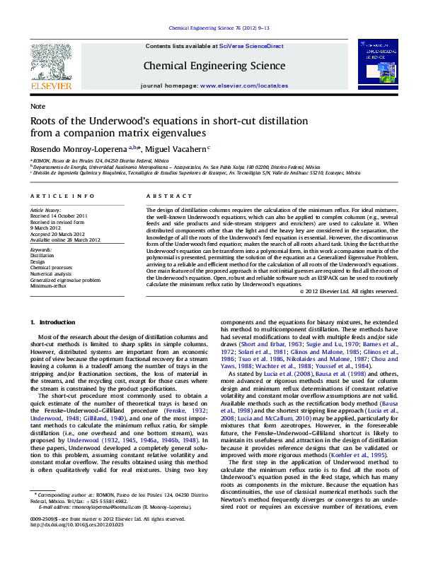 (PDF) Roots of the Underwood’s equations in short-cut distillation from ...