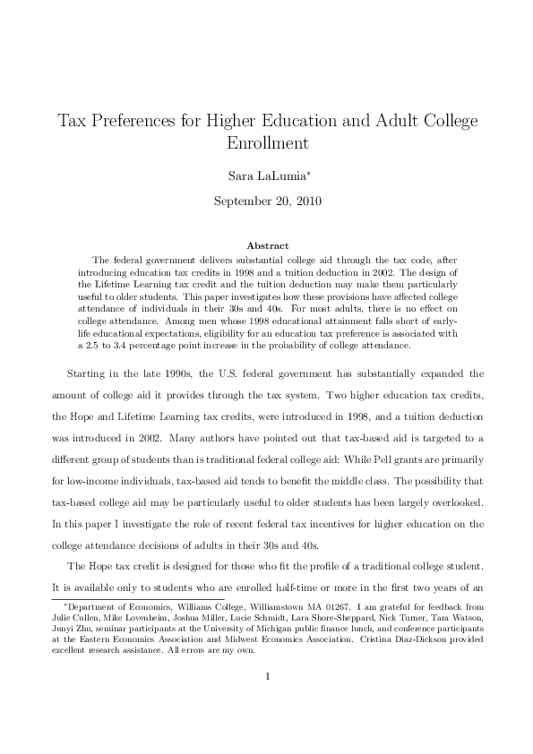 (PDF) Tax Preferences for Higher Education and Adult College Enrollment