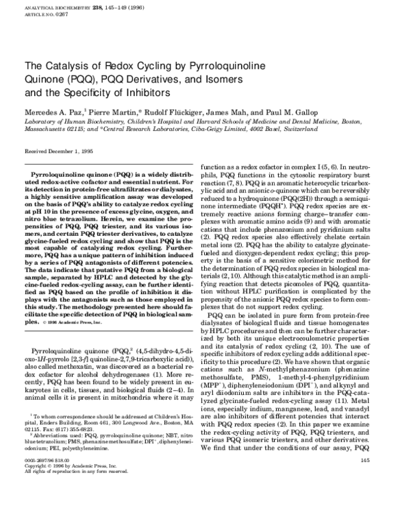 (PDF) The Catalysis of Redox Cycling by Pyrroloquinoline Quinone (PQQ ...