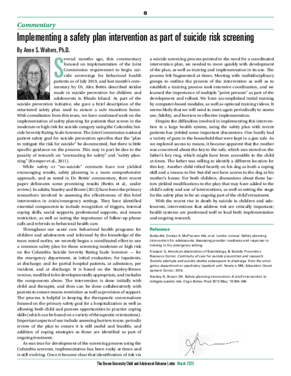 (PDF) Implementing a safety plan intervention as part of suicide risk ...