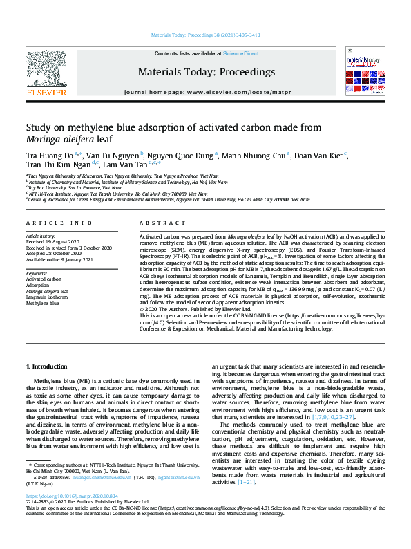 (PDF) Study on methylene blue adsorption of activated carbon made from Moringa oleifera leaf