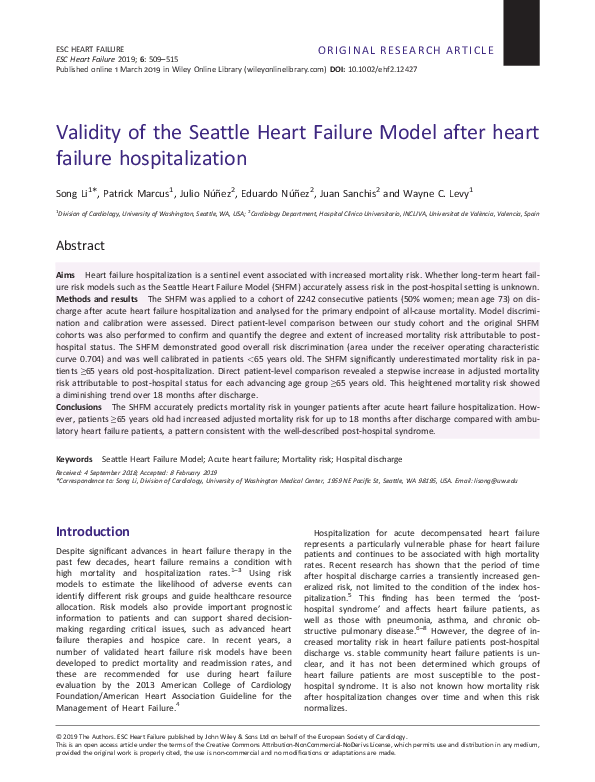 (PDF) Validity of the Seattle Heart Failure Model after heart failure ...