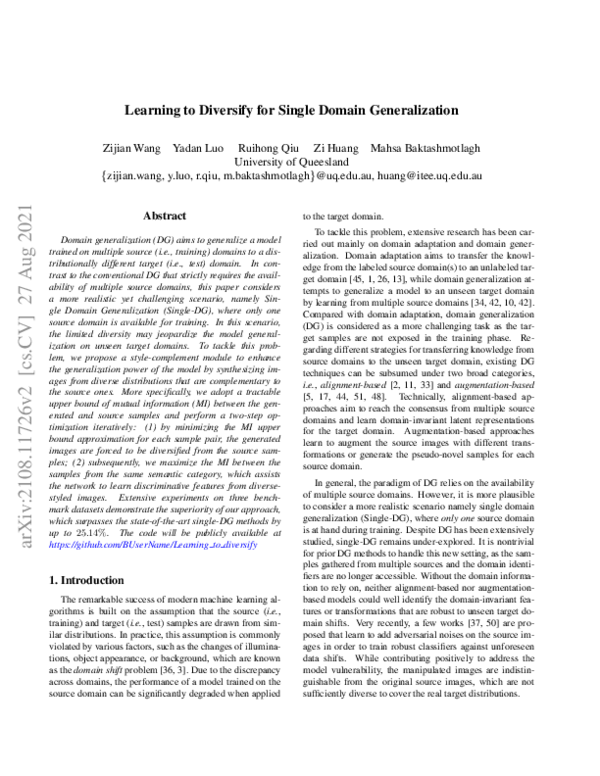 (PDF) Learning to Diversify for Single Domain Generalization