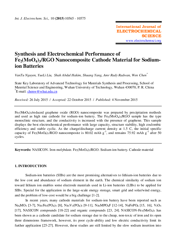 (PDF) Synthesis and Electrochemical Performance of Fe 2 (MoO 4 ) 3 /RGO Nanocomposite Cathode ...