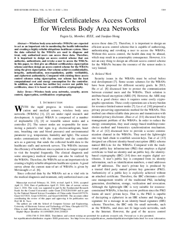 (PDF) Efficient Certificateless Access Control for Wireless Body Area Networks