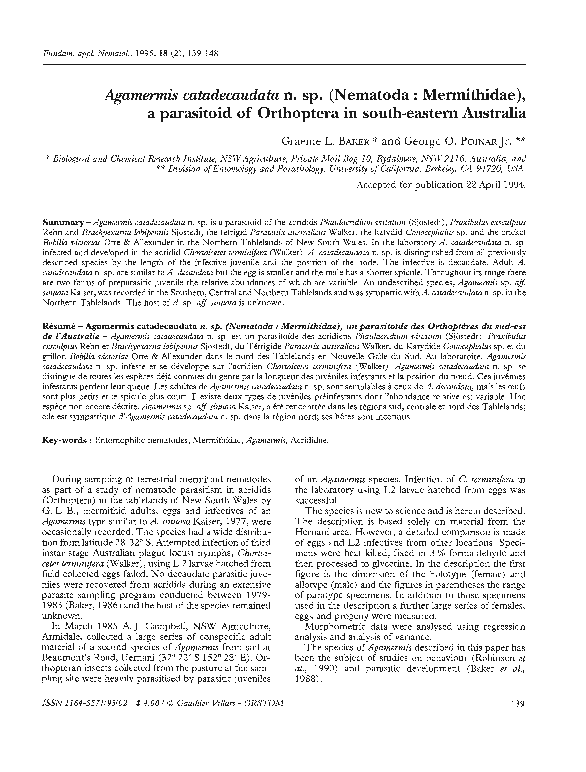 (PDF) Agamermis catadecaudata n. sp. (Nematoda : Mermithidae), a ...