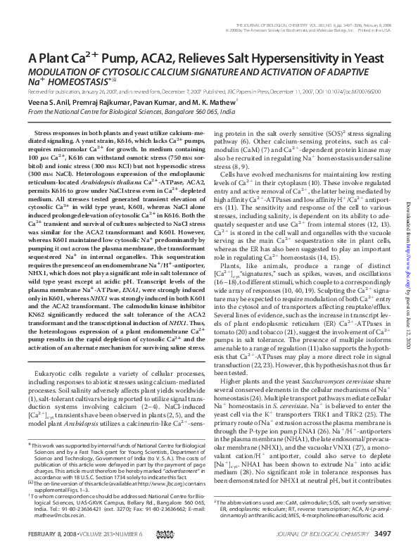 (PDF) A Plant Ca2+ Pump, ACA2, Relieves Salt Hypersensitivity in Yeast | Cr Pavan Kumar ...