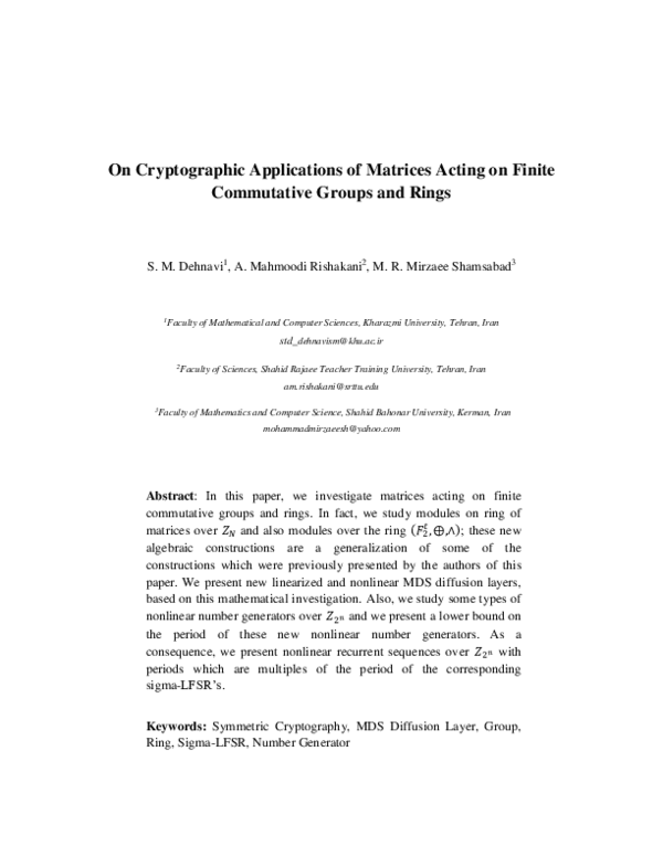 (PDF) On Cryptographic Applications of Matrices Acting on Finite ...