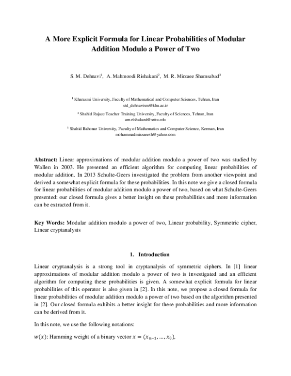 (PDF) A More Explicit Formula for Linear Probabilities of Modular Addition Modulo a Power of Two