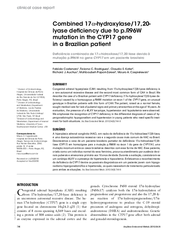 (PDF) Combined 17α-hydroxylase/17,20- lyase deficiency due to p.R96W ...