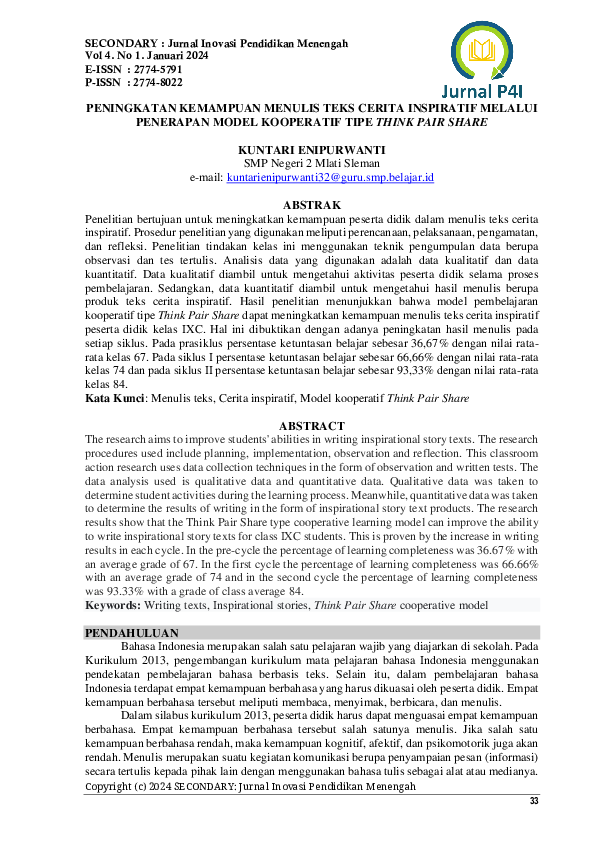 (PDF) Peningkatan Kemampuan Menulis Teks Cerita Inspiratif Melalui Model Penerapan Kooperatif ...
