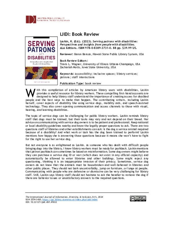(PDF) Serving Patrons with Disabilities: Perspectives and Insights from ...