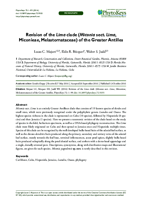 (PDF) Revision of the Lima clade (Miconia sect. Lima, Miconieae, Melastomataceae) of the Greater ...