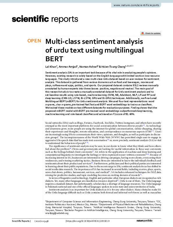 (PDF) Multi-class sentiment analysis of urdu text using multilingual BERT