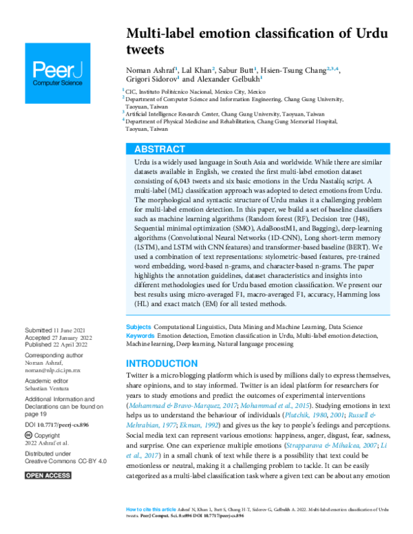 (PDF) Multi-label emotion classification of Urdu tweets
