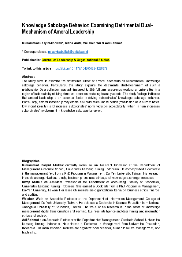 (PDF) Knowledge Sabotage Behavior: Examining Detrimental Dual-Mechanism ...