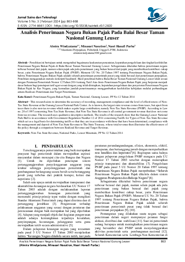 (PDF) Analisis Penerimaan Negara Bukan Pajak Pada Balai Besar Taman Nasional Gunung Leuser