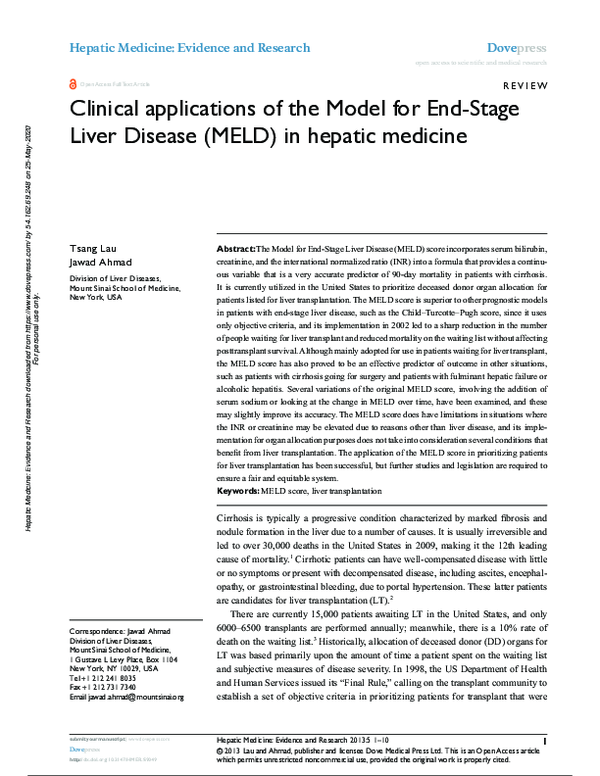 (PDF) Clinical applications of the Model for End-Stage Liver Disease ...
