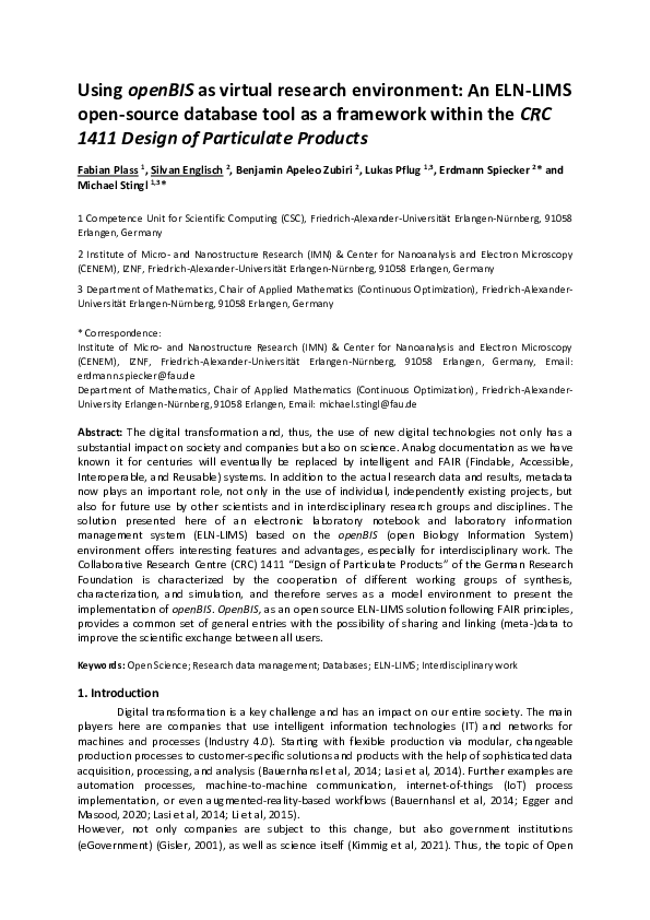 (PDF) Using openBIS as virtual research environment: An ELN-LIMS open ...