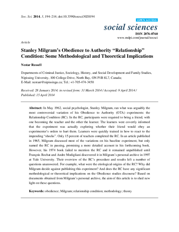 (PDF) Stanley Milgram’s Obedience to Authority “Relationship” Condition ...