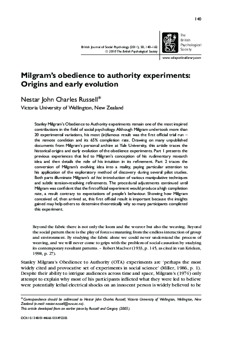 (PDF) Milgram's obedience to authority experiments: Origins and early ...
