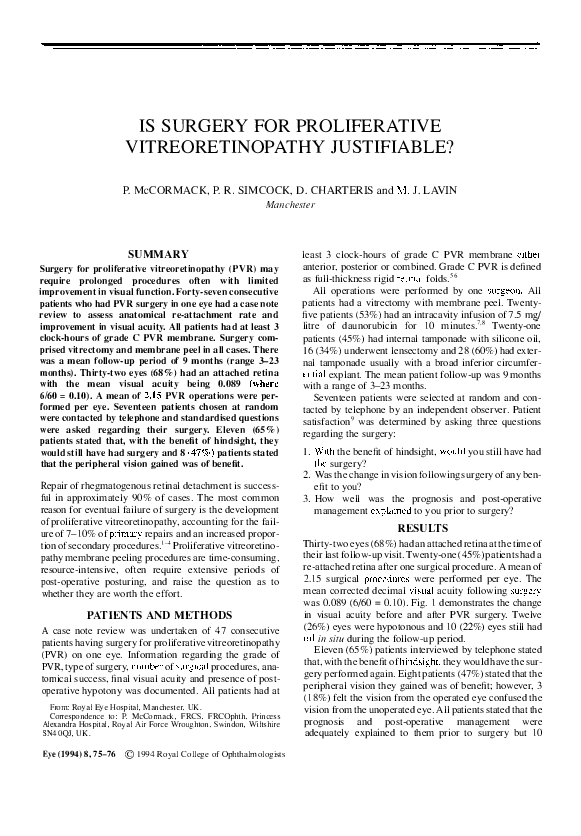 (PDF) Is surgery for proliferative vitreoretinopathy justifiable?