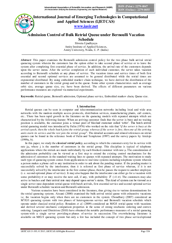 (PDF) Admission Control of Bulk Retrial Queue under Bernoulli Vacation Schedule