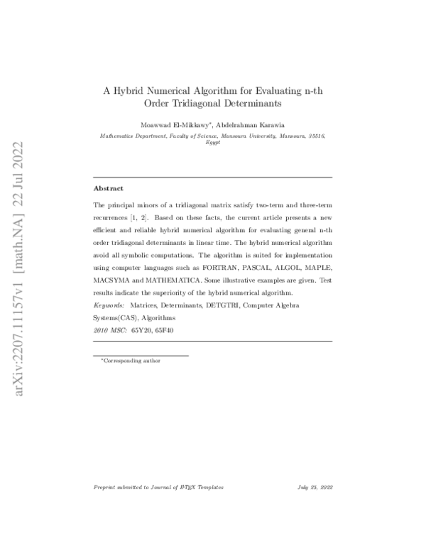 (PDF) A Hybrid Numerical Algorithm for Evaluating n-th Order Tridiagonal Determinants