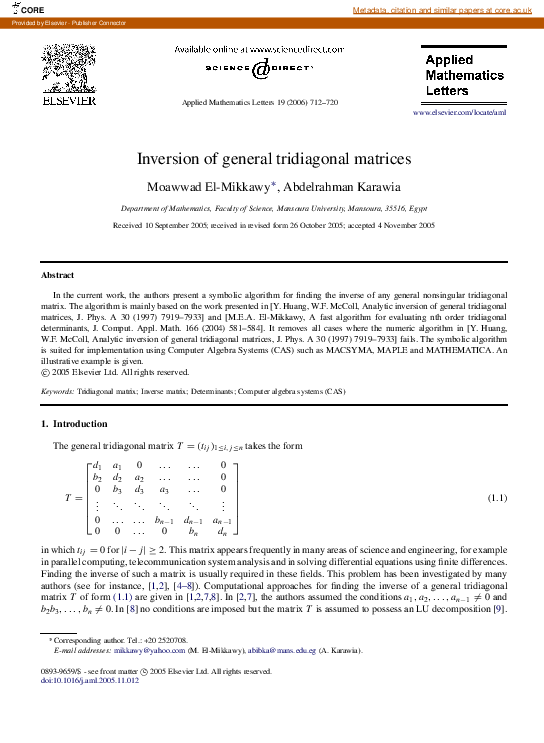 (PDF) Inversion of general tridiagonal matrices