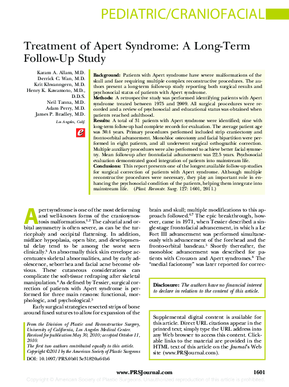 (PDF) Treatment of Apert Syndrome: A Long-Term Follow-Up Study | Dr Karam Allam - Academia.edu