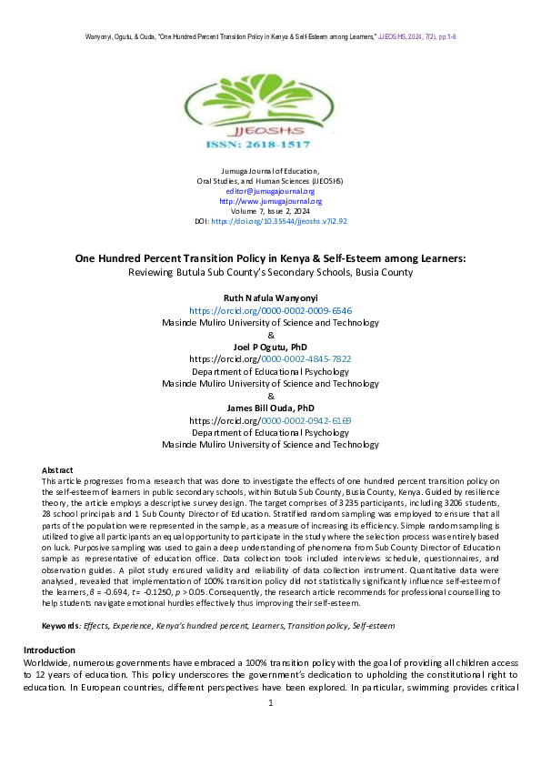 (PDF) One Hundred Percent Transition Policy in Kenya & Self-Esteem ...
