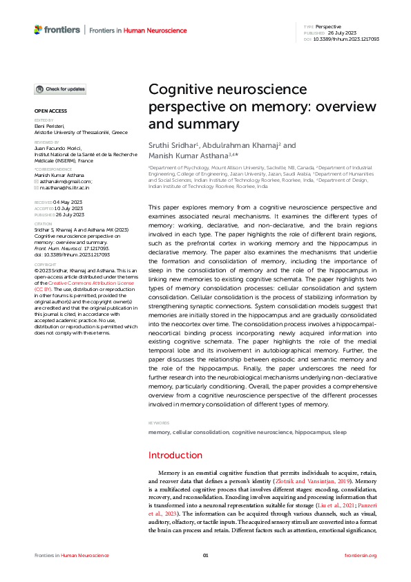 (PDF) Cognitive neuroscience perspective on memory: overview and summary