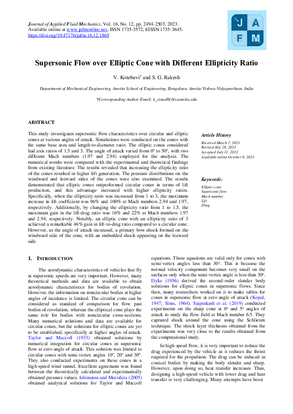 (PDF) Supersonic Flow over Elliptic Cone with Different Ellipticity Ratio