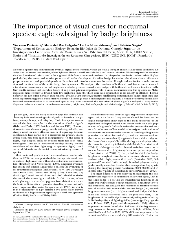 (PDF) The importance of visual cues for nocturnal species: eagle owls ...