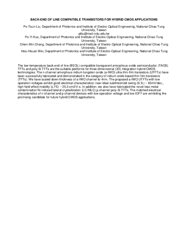 (PDF) Back-End of Line Compatible Transistors for Hybrid CMOS Applications