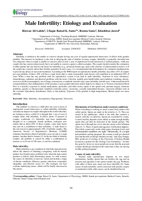 (PDF) Male Infertility: Etiology and Evaluation
