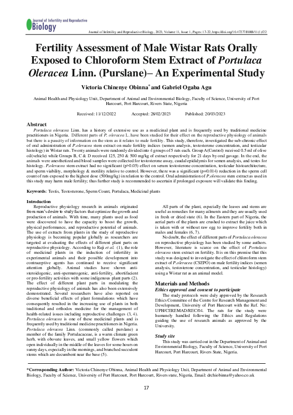 Fertility Assessment of Male Wistar Rats Orally Exposed to Chloroform ...