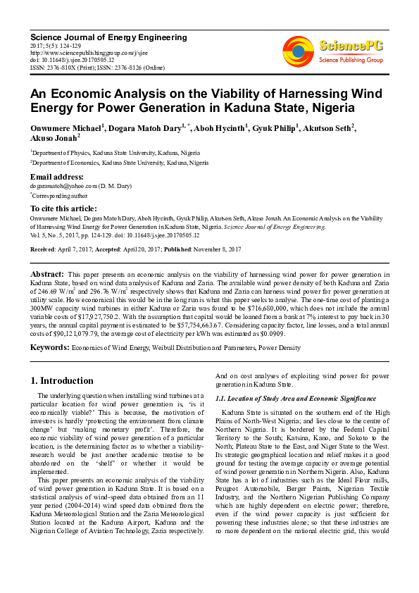 (PDF) An Economic Analysis on the Viability of Harnessing Wind Energy ...